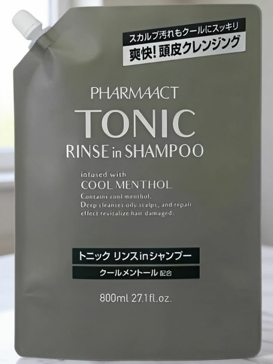 Pharmaact Cool Tonic Rinse in Shampoo Шампунь для волос тонизирующий увлажняющий восстанавливающий, лечебное очищение кожи головы, без силикона - 800 мл. Сменный блок. Япония.