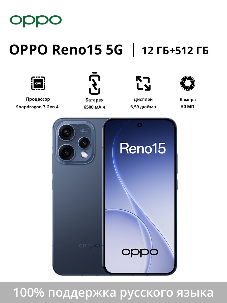 Смартфон OPPO Reno 15 5G | Экран 6,59 дюйма | Процессор Snapdragon 7 Gen 4 | Аккумулятор 6500 мА·ч | Основная камера 50 Мп