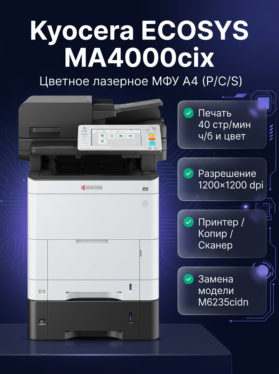 Цветное лазерное МФУ Kyocera ECOSYS MA4000cix, A4, цветной, 40 стр/мин, 1200x1200 dpi