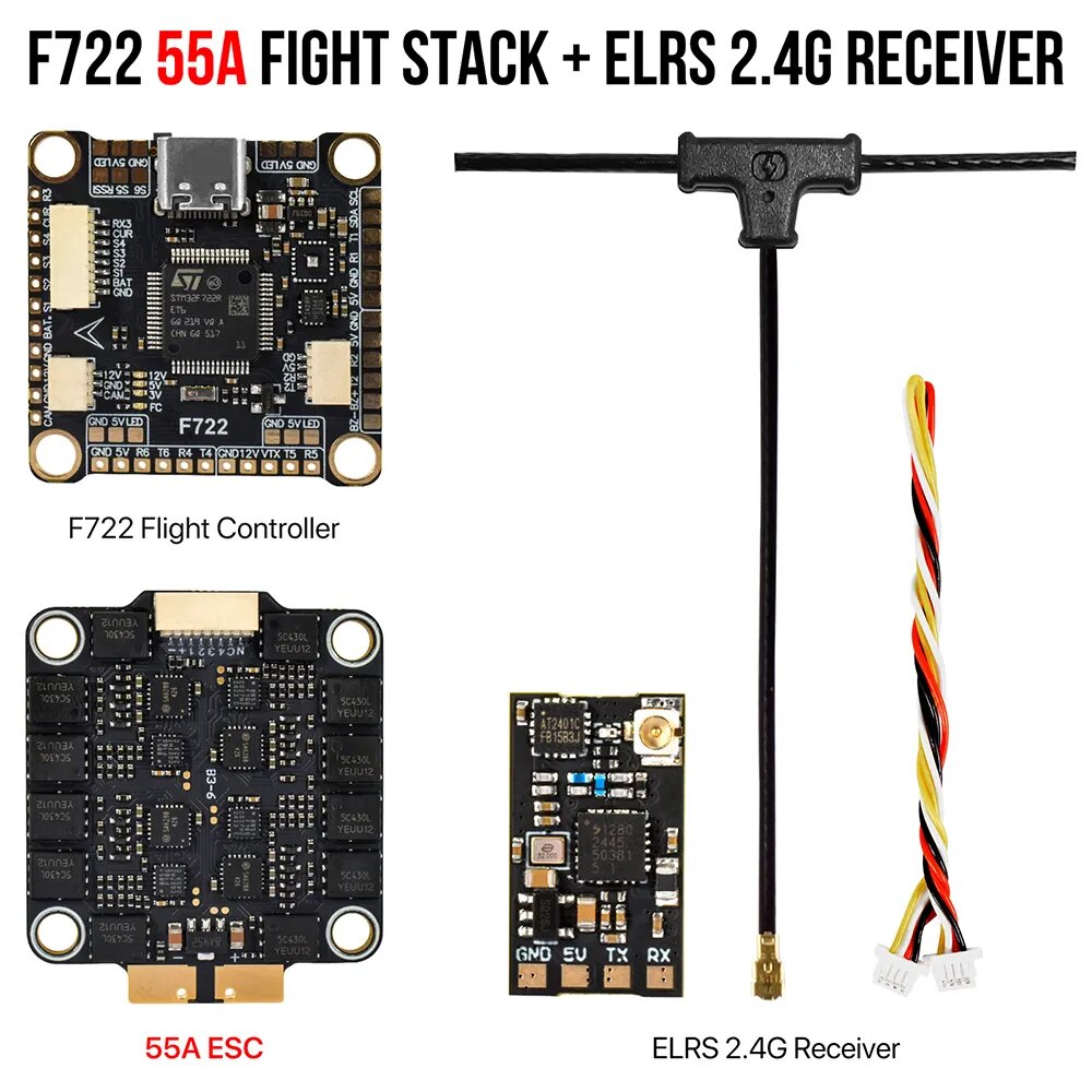 9IMOD F722 Flight Stack - Полетный контроллер с ESC 55A для гоночных RC систем+Приемник 2.4G