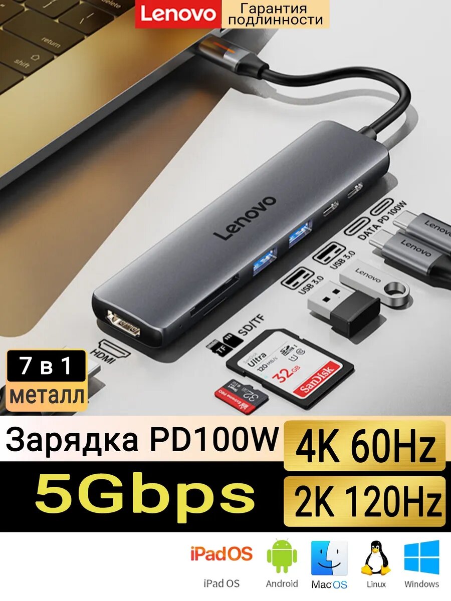 USB Type-C HUB Концентратор Разветвитель хаб Переходник Lenovo H1-C07