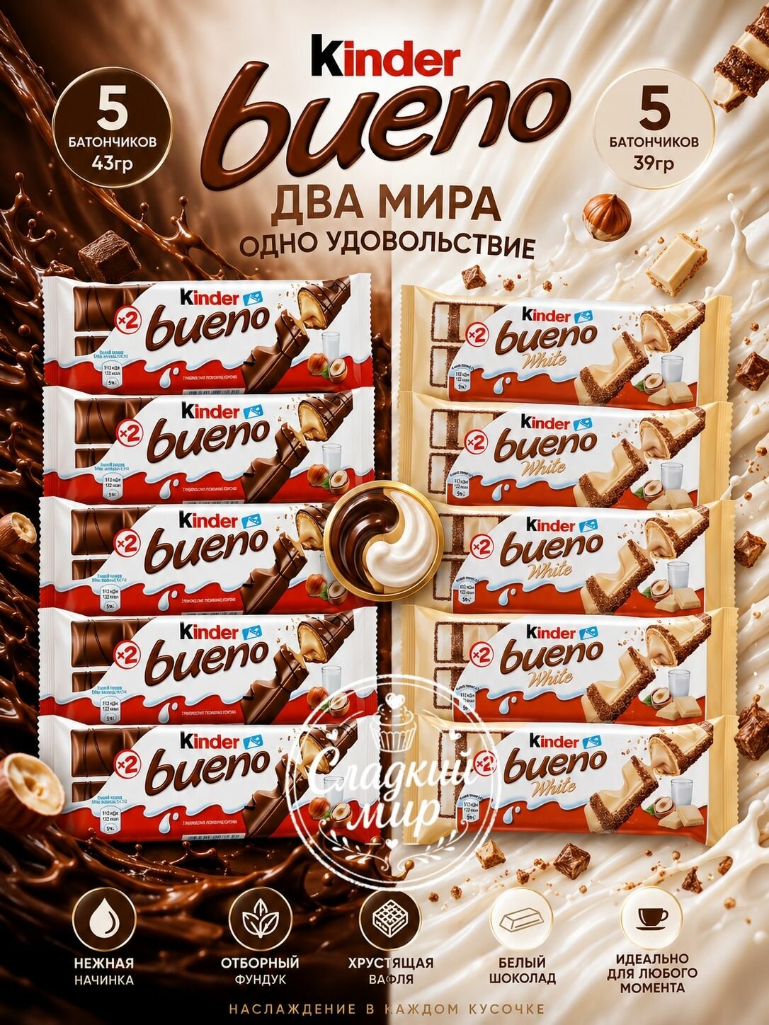 Вафли Kinder Bueno, покрытые молочным и белым шоколадом, c молочно-ореховой начинкой, 10шт