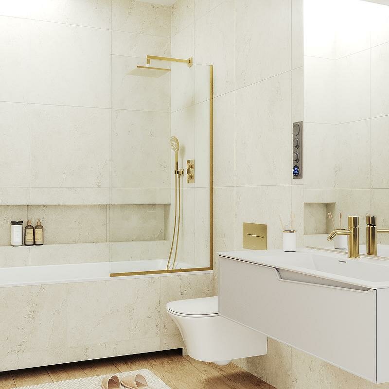 Шторка на ванну Maybah Glass MGV-65-3у 900x1400 в узком профиле Золото стекло прозрачное