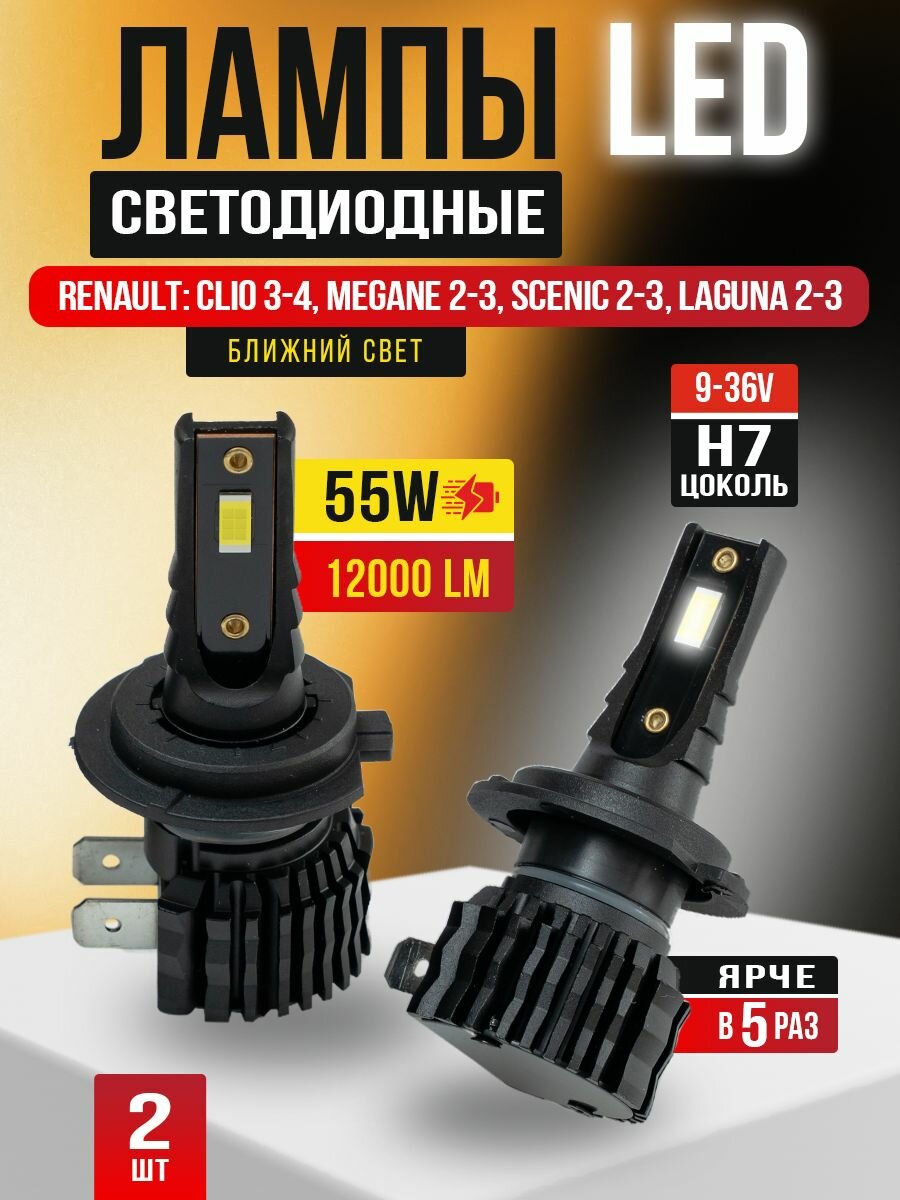 Светодиодные автомобильные лампы H7 55W 12000 LM для Рено / Renault: Клио / Clio 3-4, Меган / Megane 2-3, Сценик / Scenic 2-3, Лагуна / Laguna 2-3