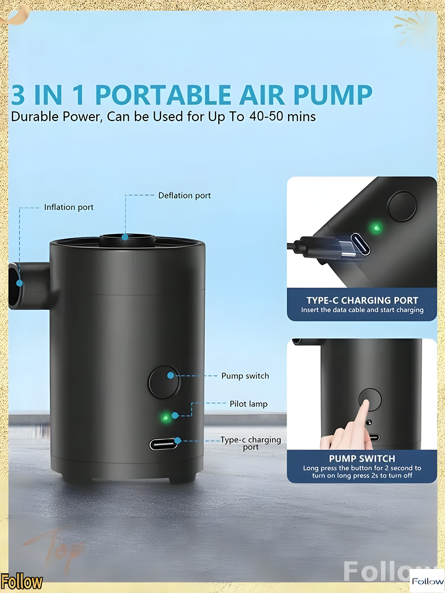 Outdoor air pump 1500mAh - Black Portable Mini Electric Air Pump for Vacuum Bags