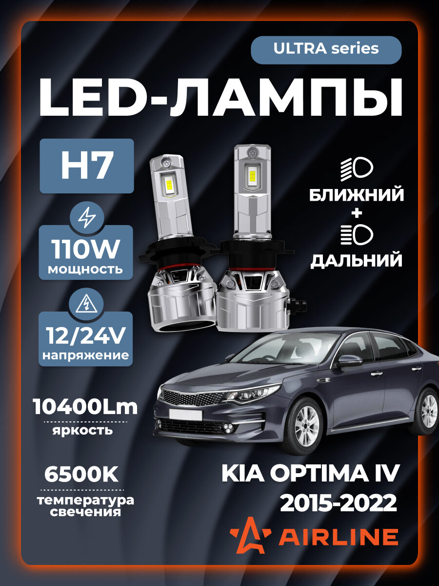 Лампы светодиодные H7 ULTRA для KIA Optima IV (2015-2022) ближний/дальний свет, 110W, 12/24В, 6500К, 10400Лм, комплект 2 шт. / Лед лампы с обманкой Н7, автосвет на КИА Оптима