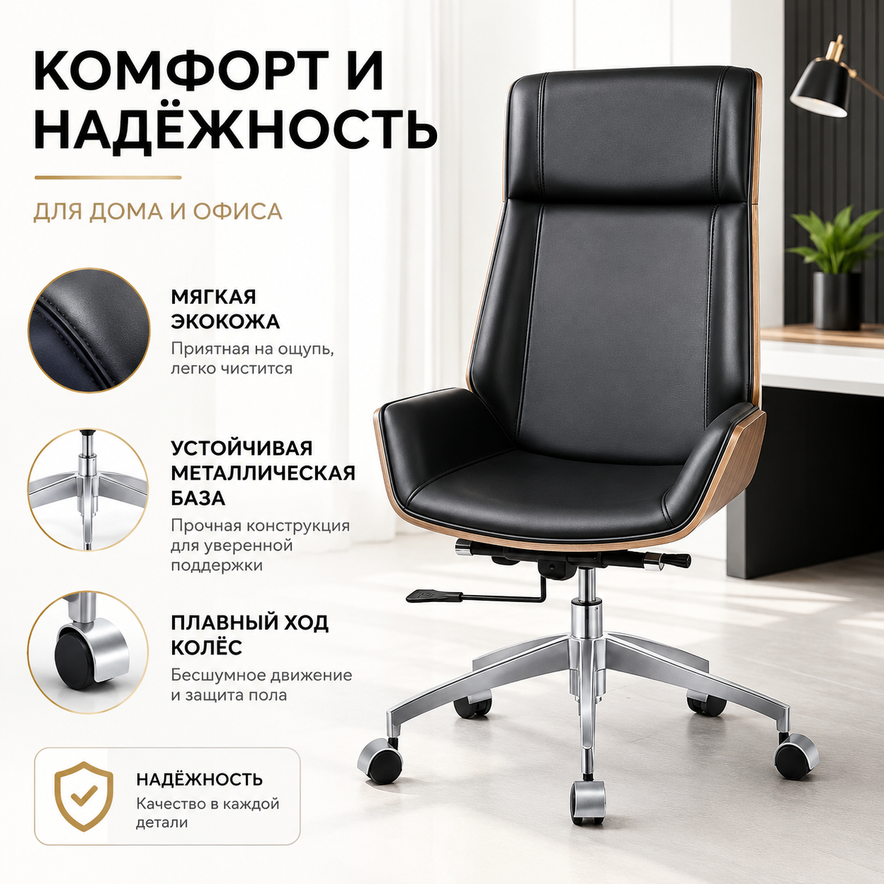 Кресло руководителя M35V, орех + черный с высокой спинкой, эргономичный дизайн, с роликами