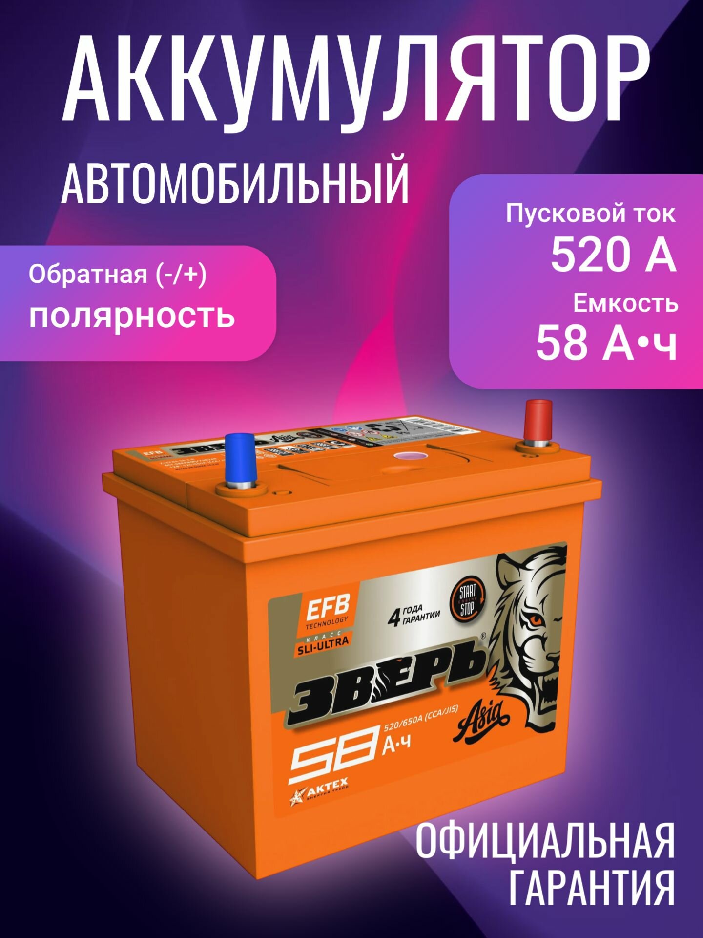 Аккумулятор автомобильный зверь EFB, 12В 58Ач 520А, Обратная полярность