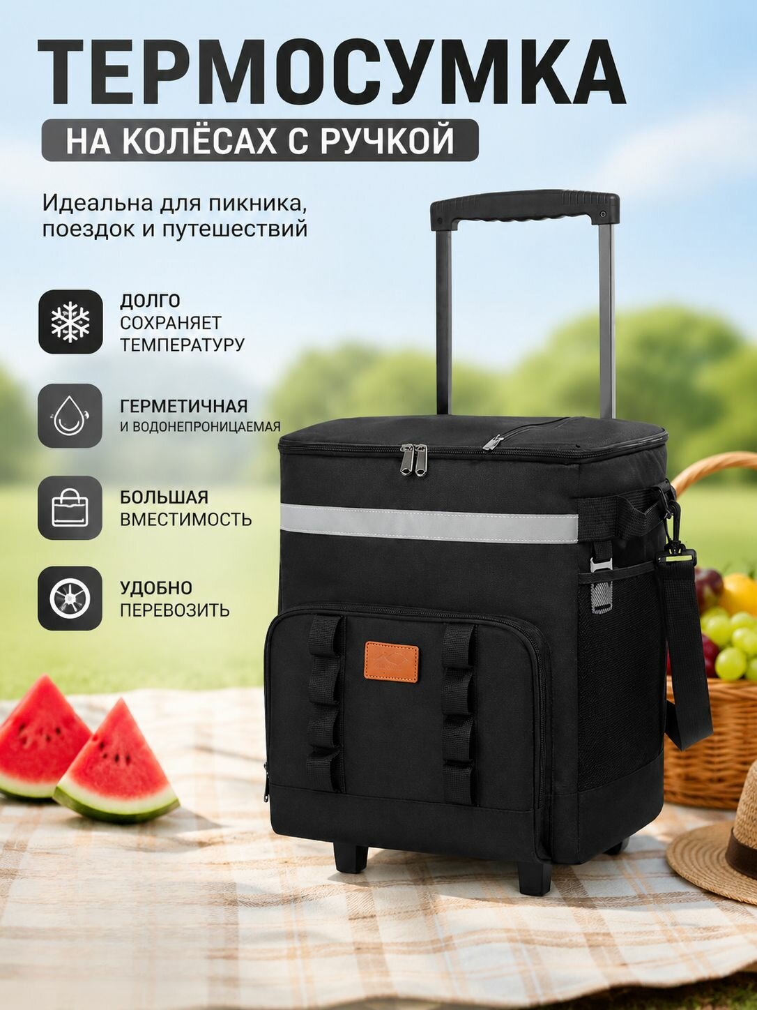 Сумка-холодильник на колесах с телескопической ручкой 33x38x28 см, большой дорожный термобокс для пикника, рыбалки и авто, водонепроницаемый изотермический рюкзак-сумка с колесиками