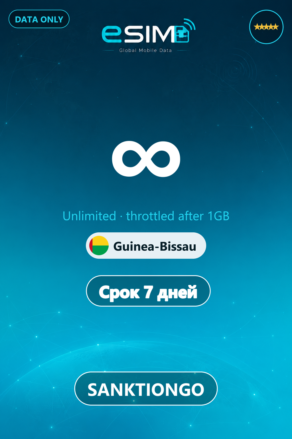 ESIM Гвинея-Бисау — безлимит интернета на 7 дней, туристическая сим-карта для интернета в поездках