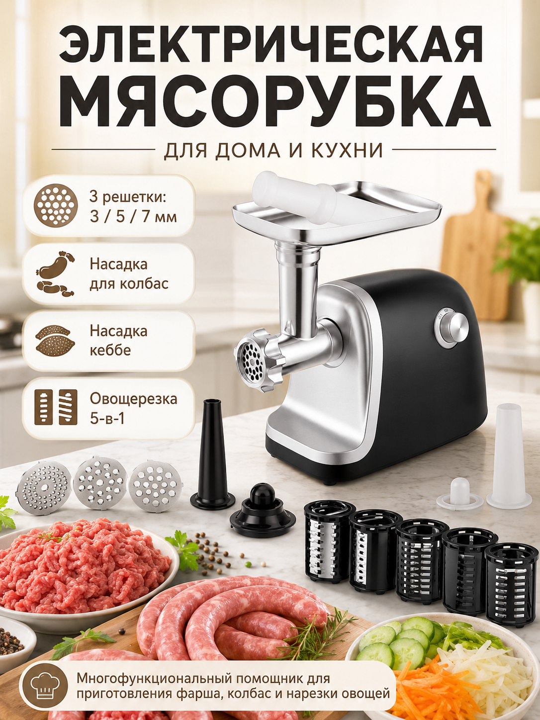 Мясорубка FELFRI, с овощерезкой и насадками, YJDF-000072, 600Вт