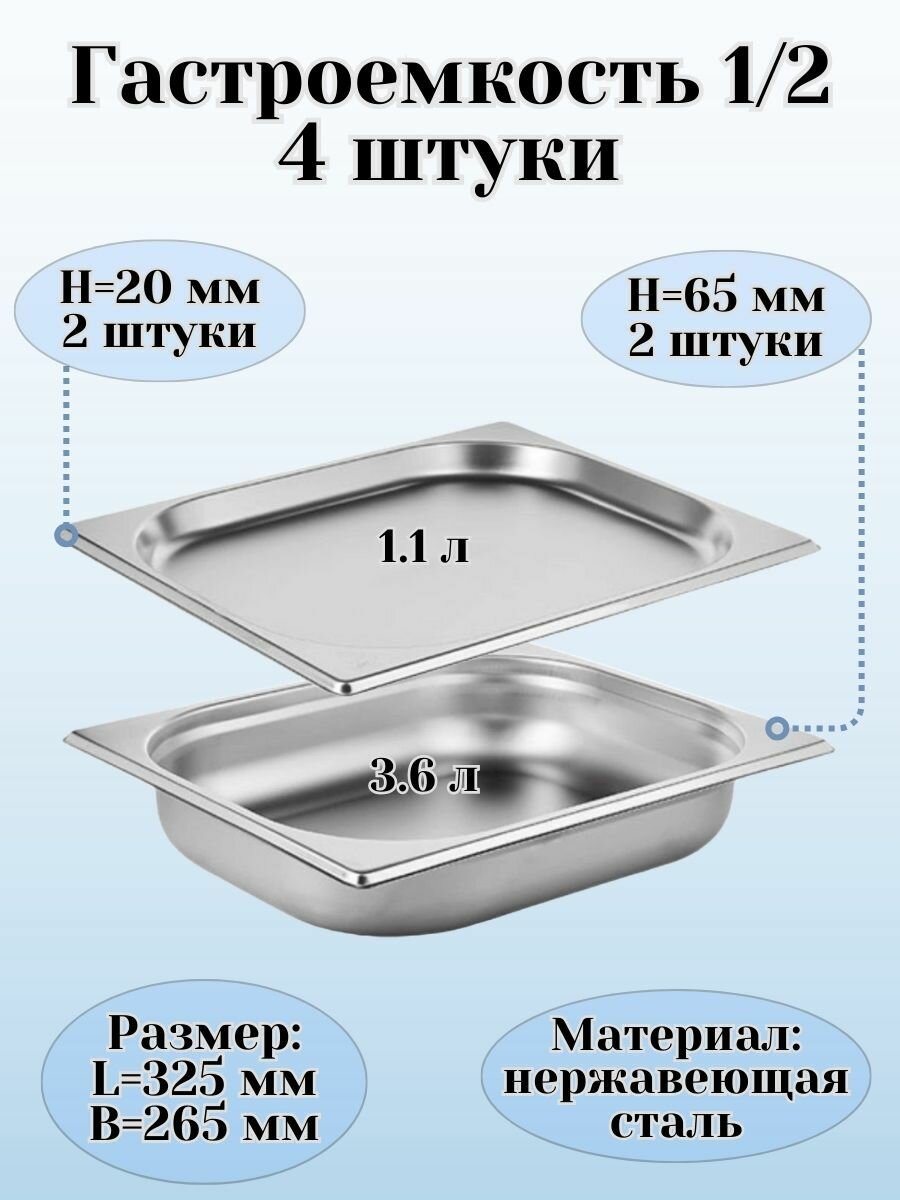Набор гастроемкостей (1/2) H 2 см и H 6.5 см L 32,5 см B 26,5 см ProHotel, 4 шт