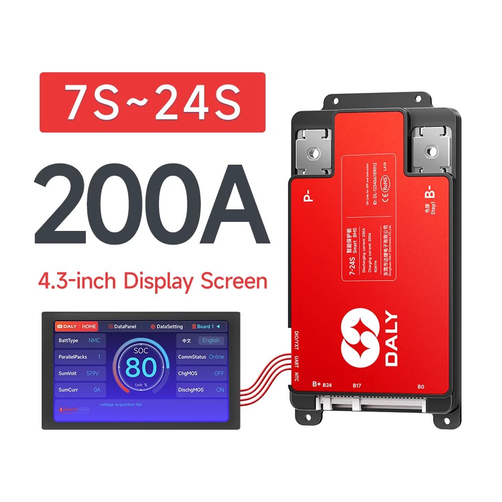 Daly Smart BMS 4.3-дюймовый дисплей 100A красный LiFePO4/Li-Ion 4S-24S