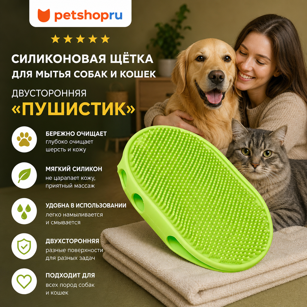 Щетка для купания и груминга кошек и собак, зеленый, комфортный, массажный эффект, для купания, силиконовая щетина