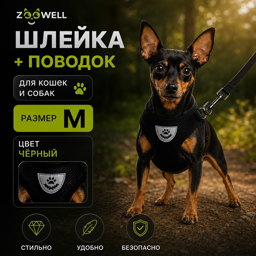 Регулируемая шлейка для кошек и собак, черный, регулируемый, эргономичный дизайн, ZooWell