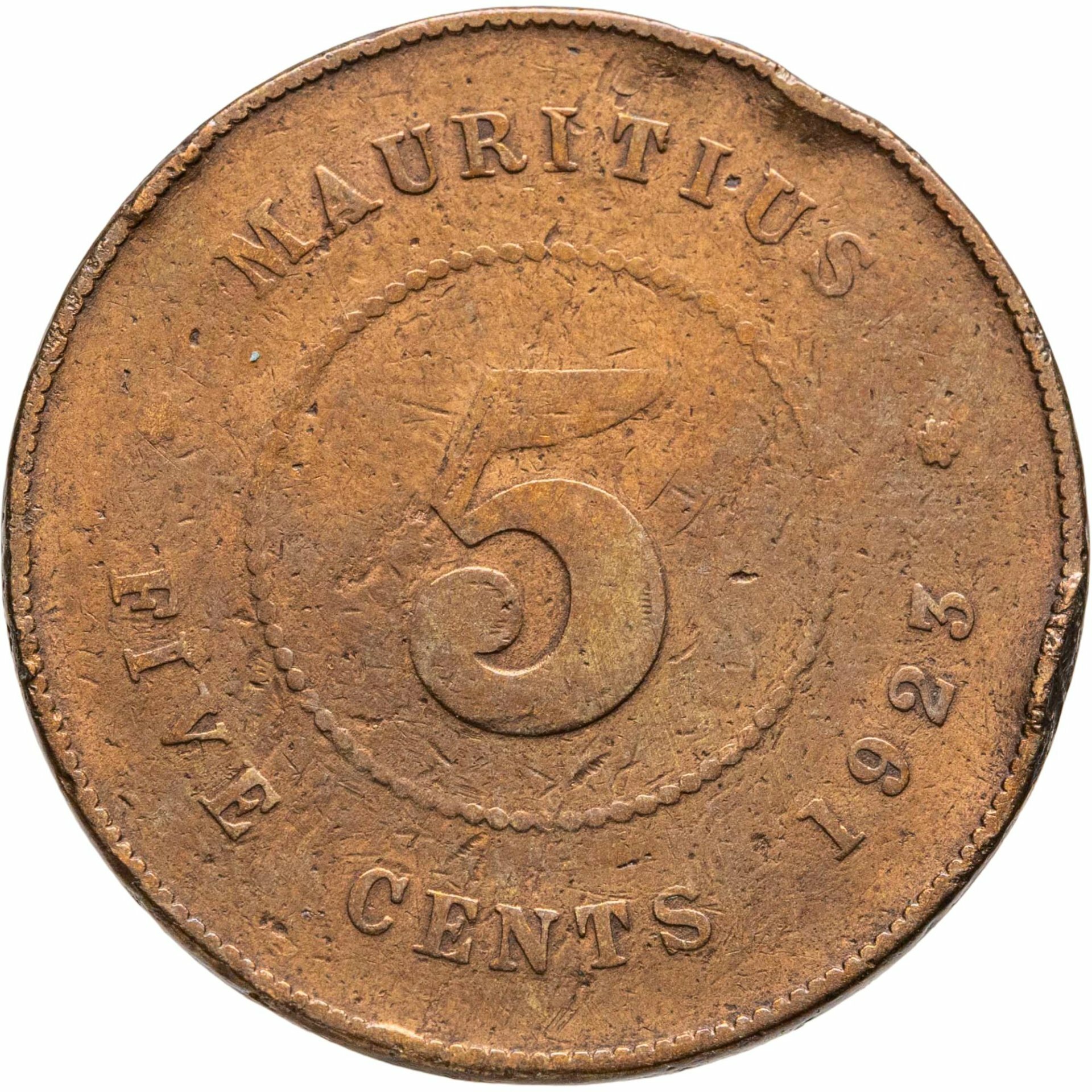 Маврикий 5 центов cents 1923, Бронза, в сохранности VG-F