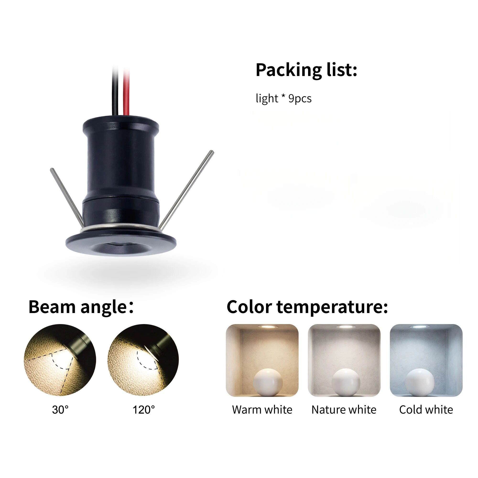 9шт. LED прожектор 1W, 120D, Warm white, Black