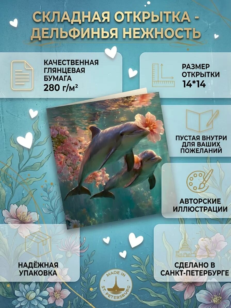 Складная открытка - Дельфинья нежность, чтобы передать самые тёплые чувства. Авторский дизайн.