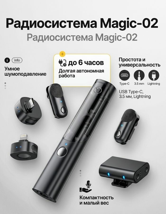 Радиосистема BOYA Magic-02, разъем подключения USB Type-C/3.5 мм/Lightning, 2 - передатчика, Black