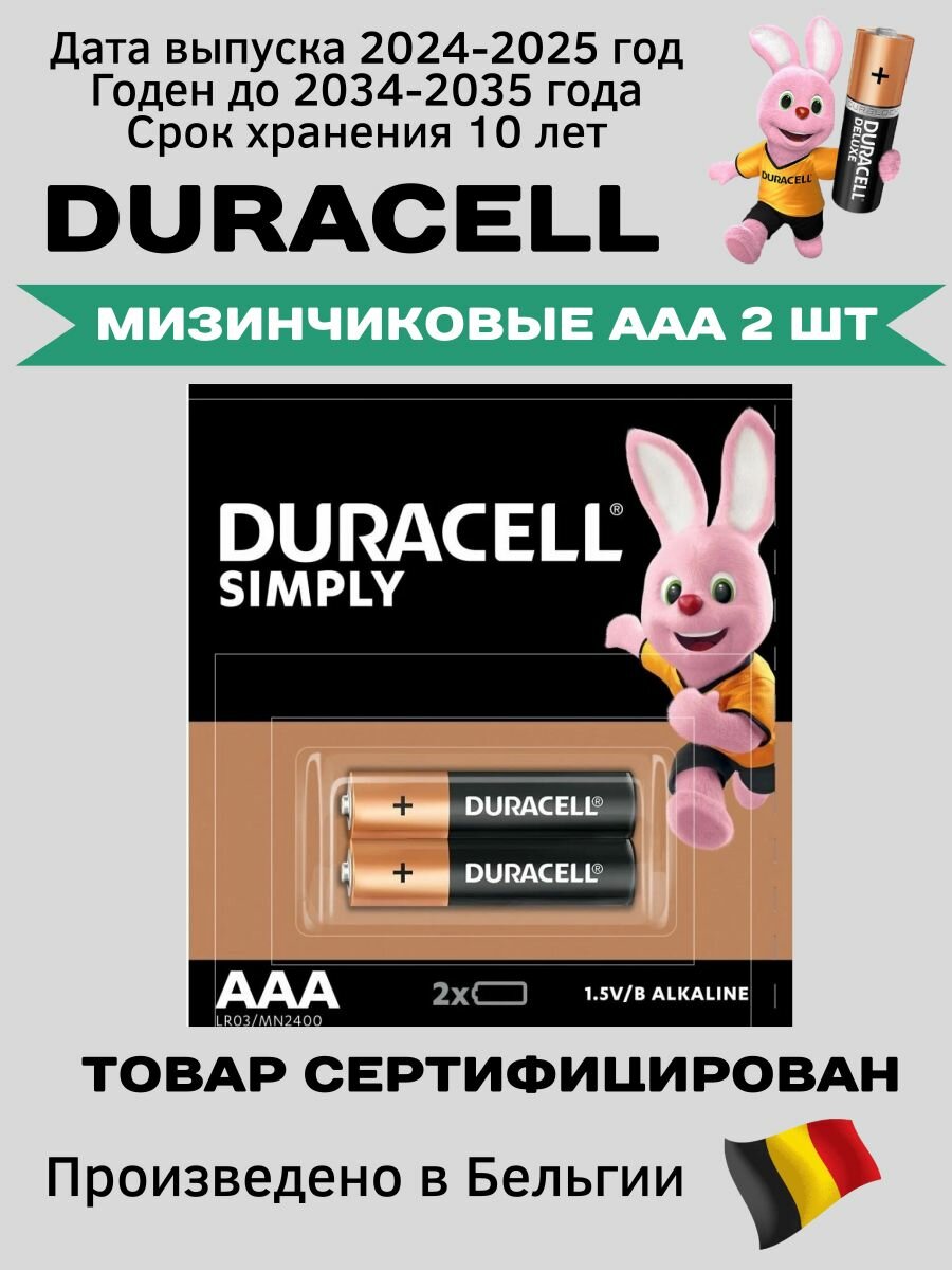 Duracell Батарейка AAA, L (щелочной) тип, 2400 мА•ч, 1,5 В, 2 шт