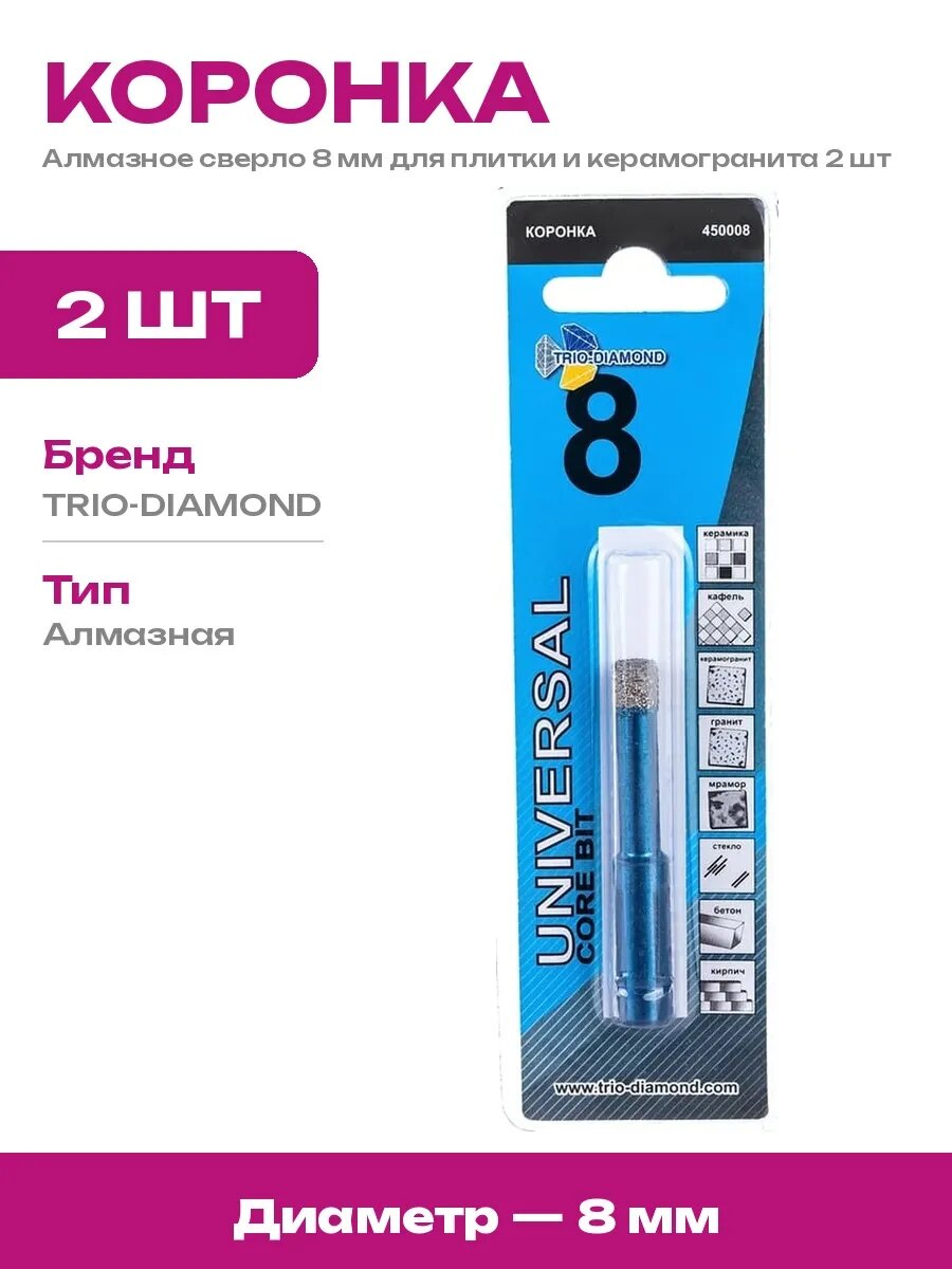 Сверло по керамограниту 8 мм для плитки 2 шт в наборе