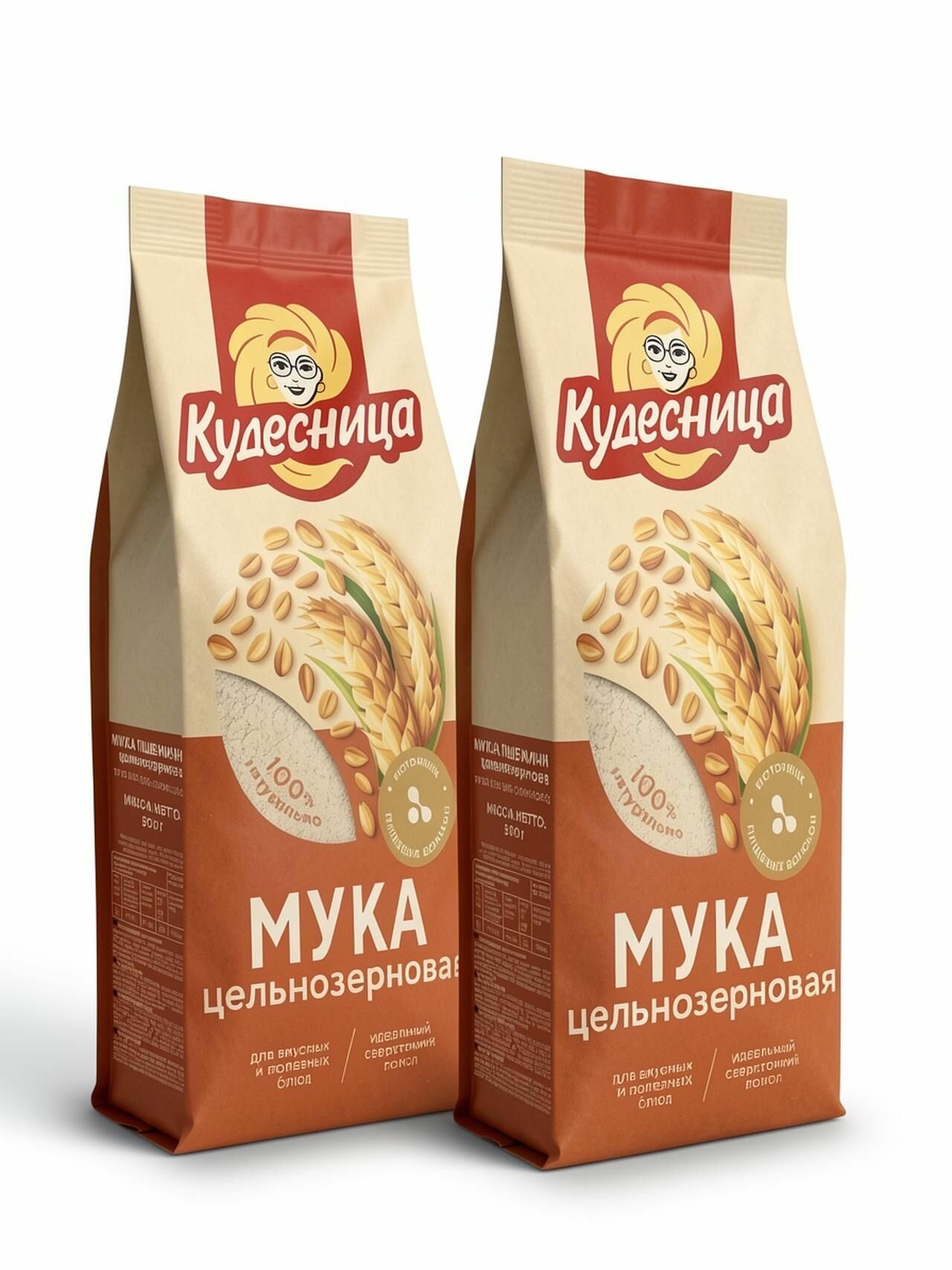 Мука Кудесница "Цельнозерновая", высший сорт, пшеничная, 2шт по 500г