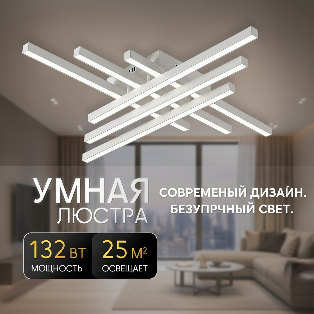 Умная белая LED люстра 132 Вт 80 см с пультом и голосовым управлением Алисой