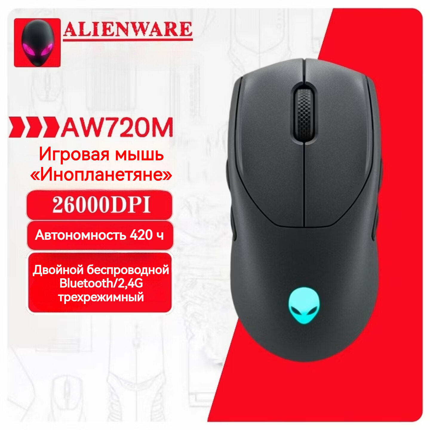 Высококлассная игровая мышь Alienware AW720M трехрежимная Bluetooth/2.4ГГц/USB-C, 26000 DPI, RGB подсветка