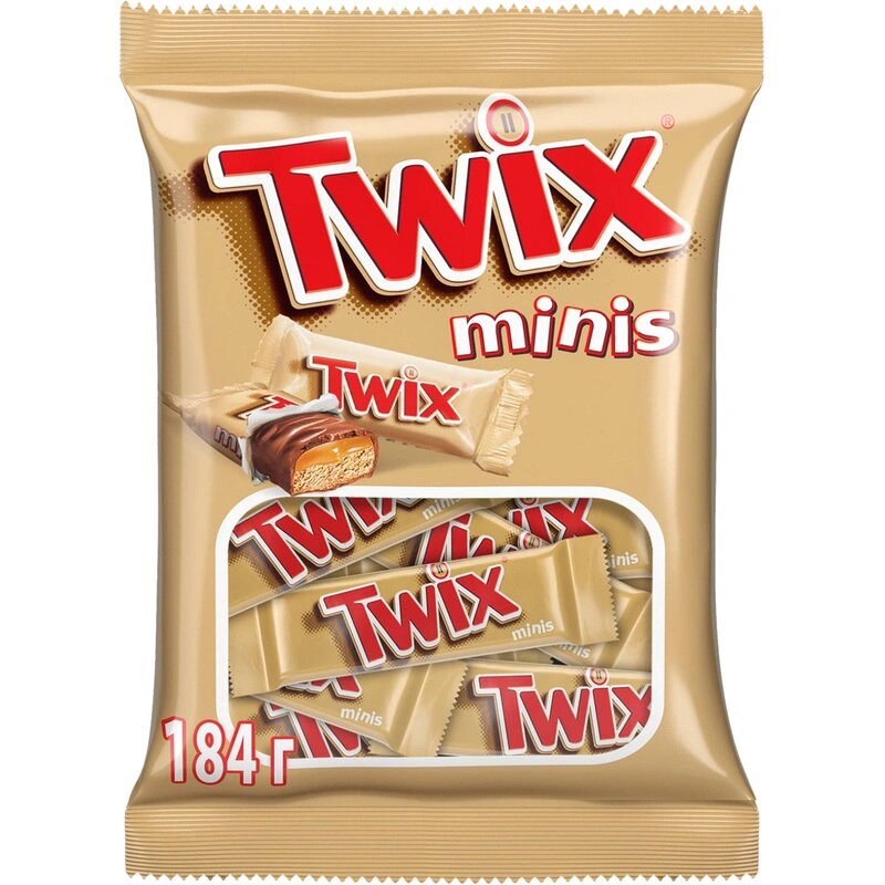 Шоколадный батончик Twix Minis с карамелью и печеньем, пакет, 184г