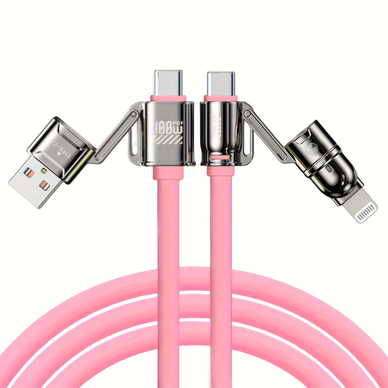 4-в-1 кабель 100W сверхбыстрая зарядка, многофункциональный, для iPhone 8-16 Pro Max, iPad, ноутбуков, телефонов Samsung, Xiaomi, Huawei, Redmi, розовый 1,5 м