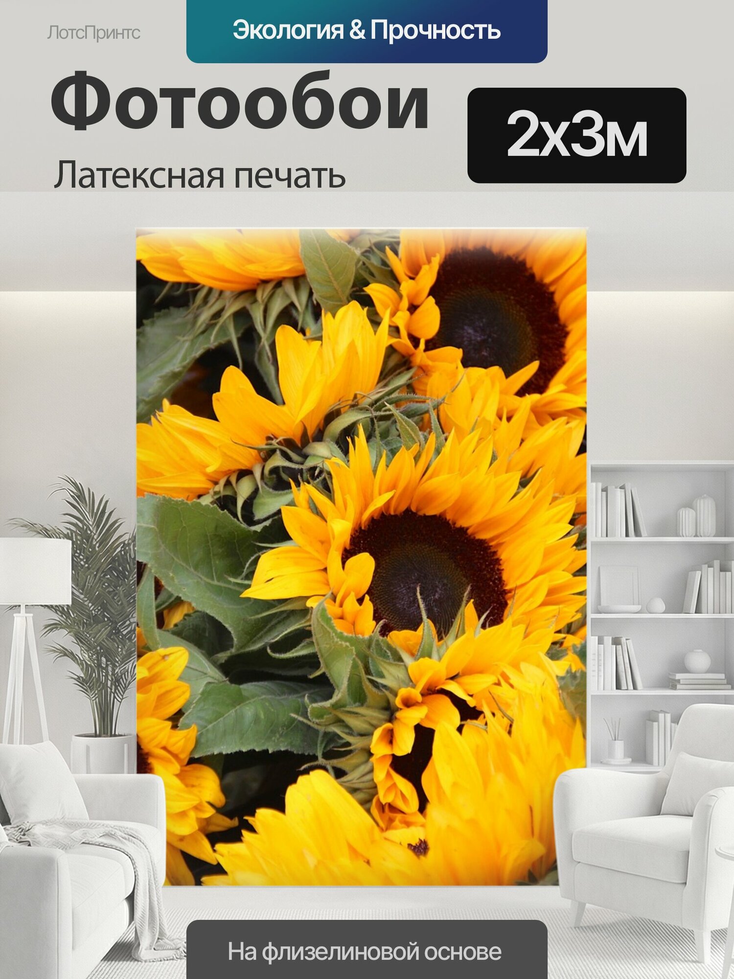 Фотообои моющиеся ударопрочные "Подсолнух, цветок, природа" 200x300 см. латексная печать