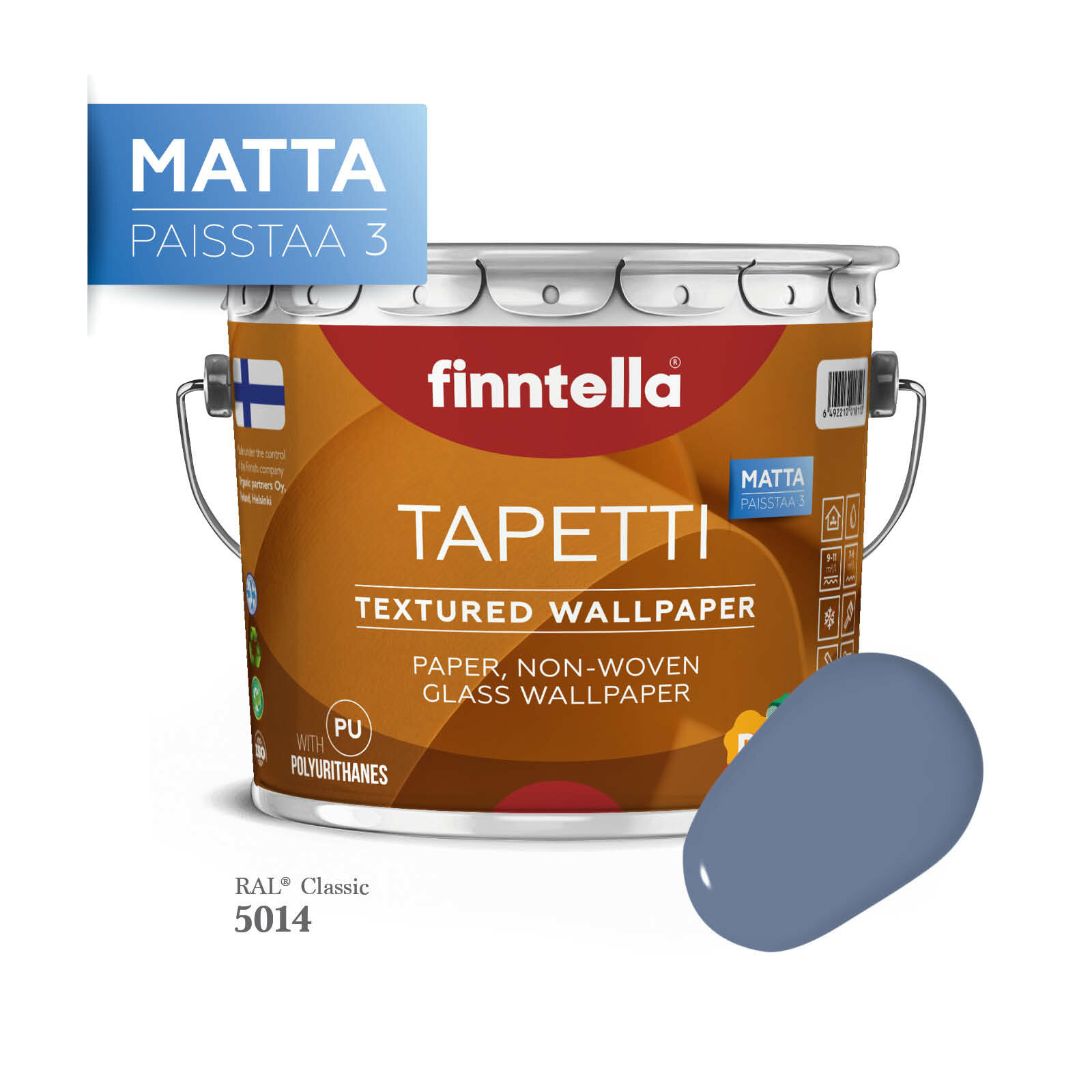 Матовая краска для обоев под окраску TAPETTI Matta FINNTELLA, Цвет RAL 5014 Голубино-синий (Pigeon blue), 2,7л