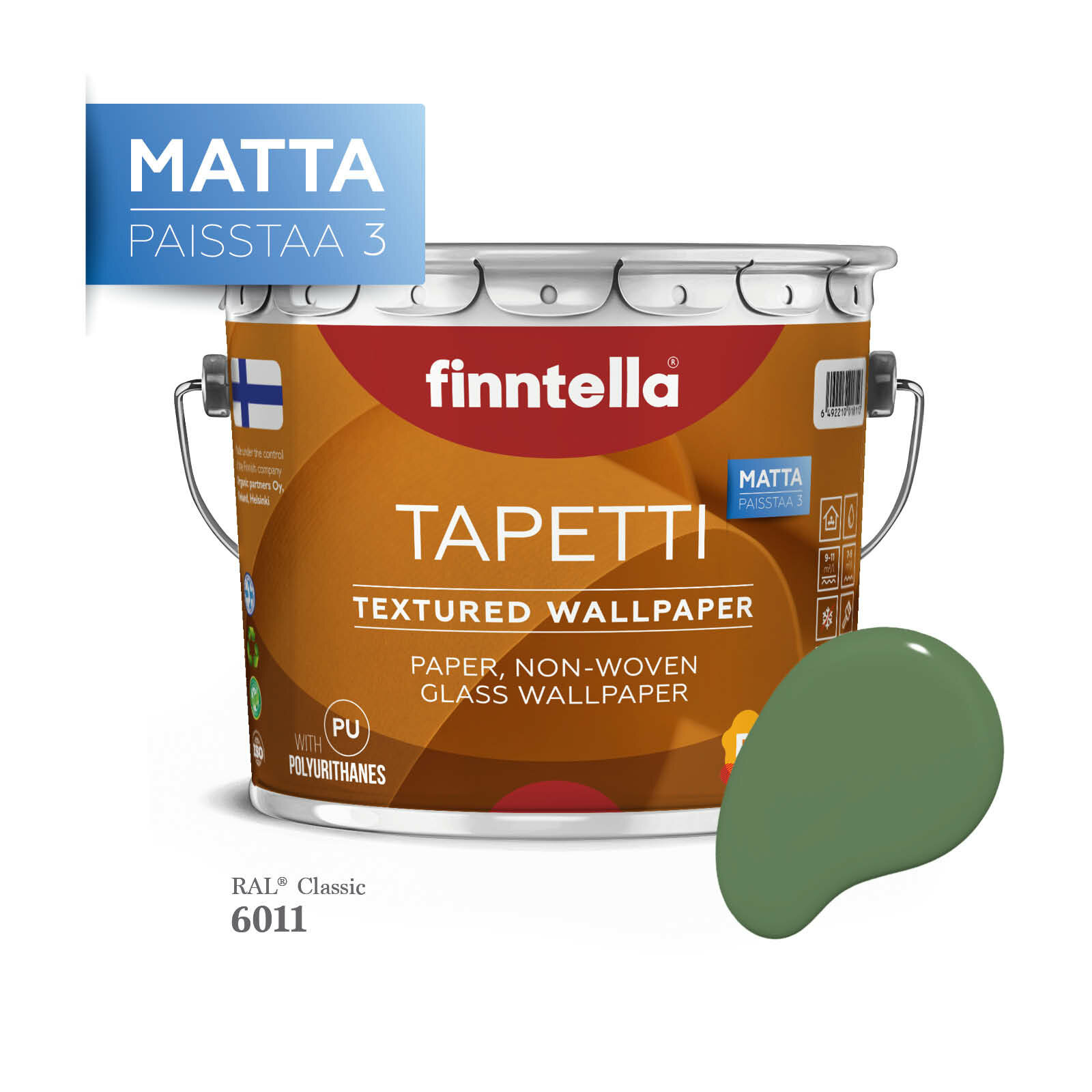 Матовая краска для обоев под окраску TAPETTI Matta FINNTELLA, Цвет RAL 6011 Резедово-зеленый (Reseda green), 2,7л