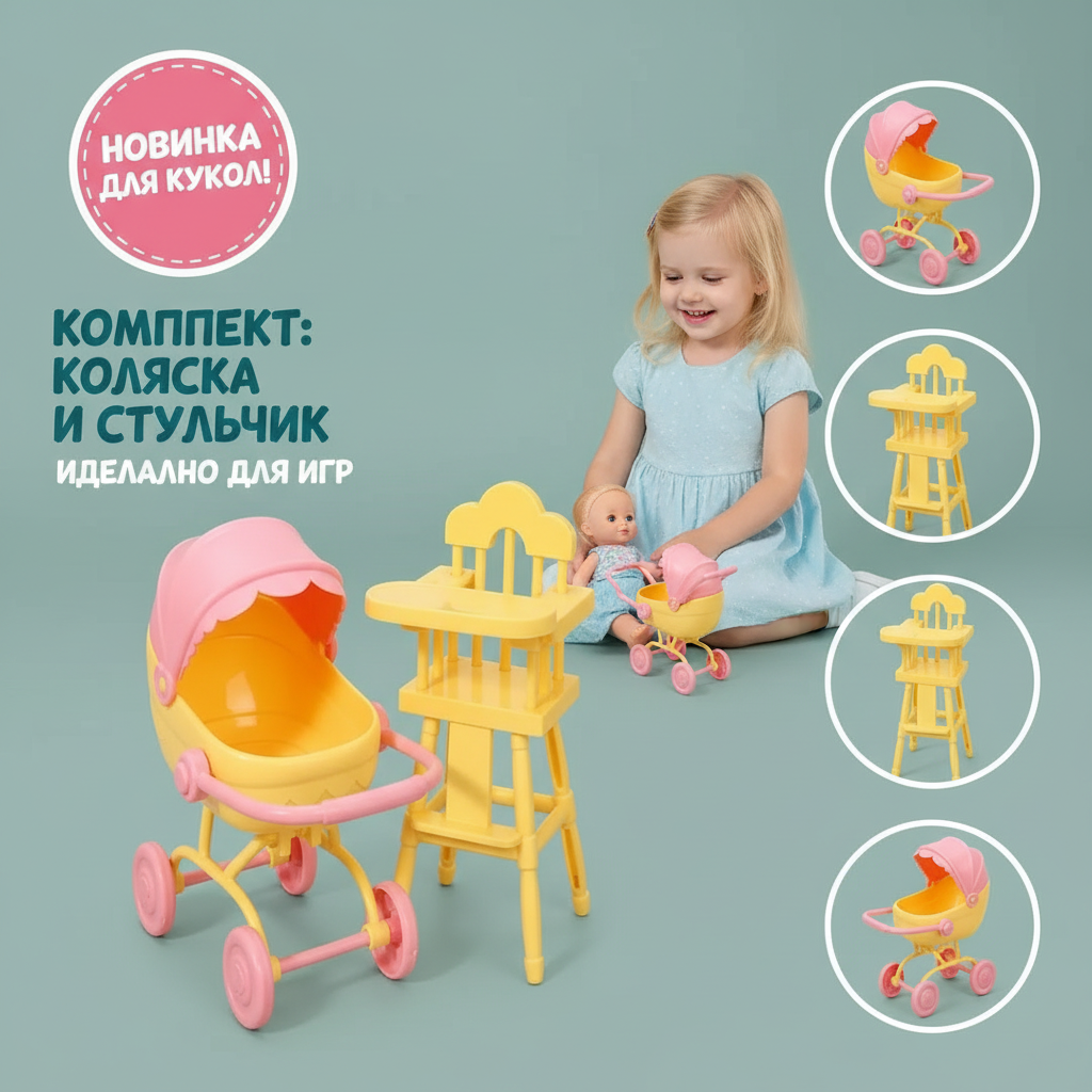 Эксклюзивная коляска для кукольных прогулок с эргономичным дизайном, габариты 9.20x7.30x6.10 см