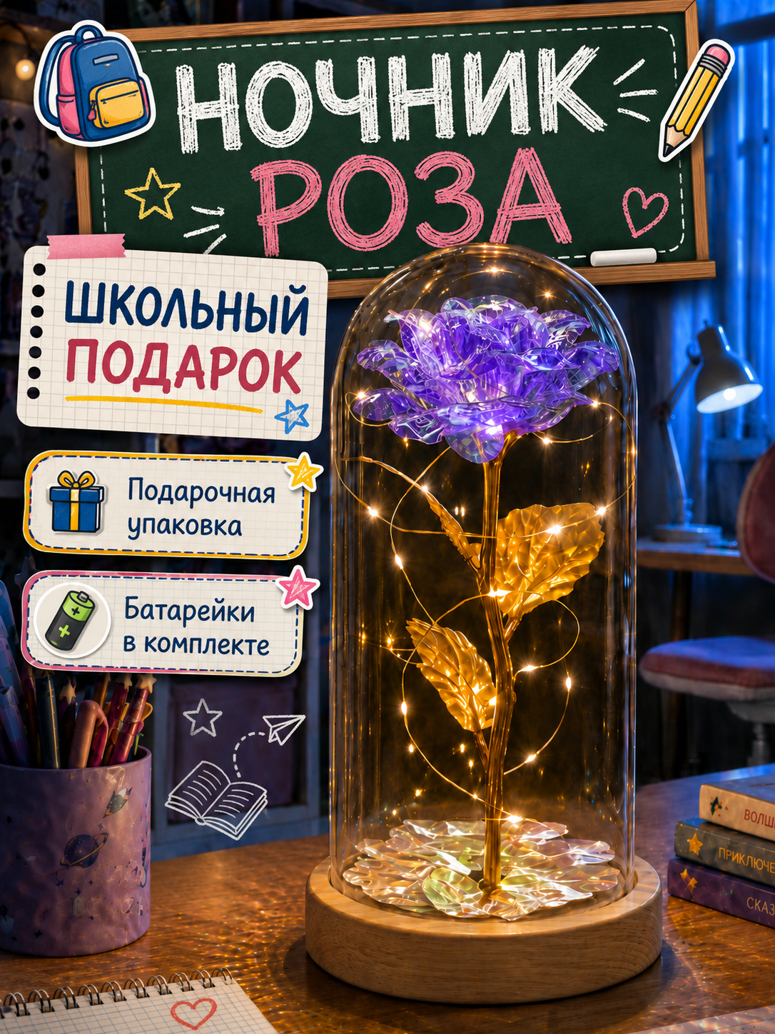 Ночник, роза в колбе, настольный светильник, на батарейках, беспроводной, беспроводной, цветы в колбе, ночник школьный