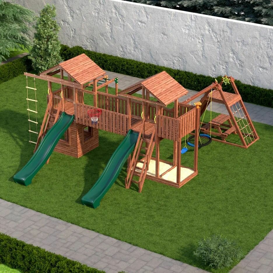 CustWood Family F17 Деревянная детская игровая площадка, комплекс для улицы качели гнездо, 2 горки, скалодром, рукоход, песочница