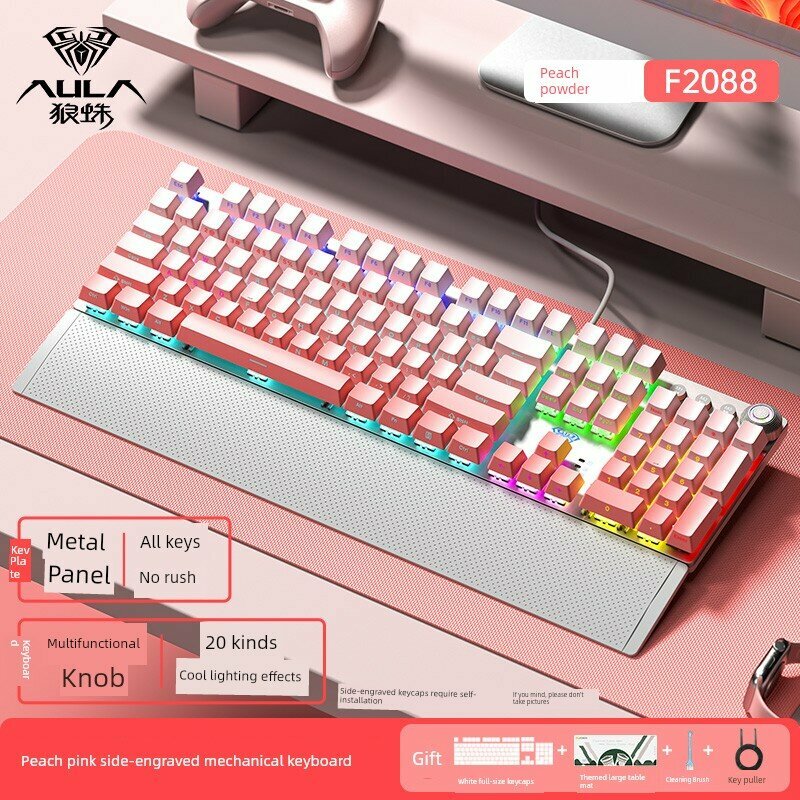 Клавиатура механическая WolfSpider F2088, Red Switch, персиково-розовый, боковое подсветка, RGB, 108 клавиш, для игр и