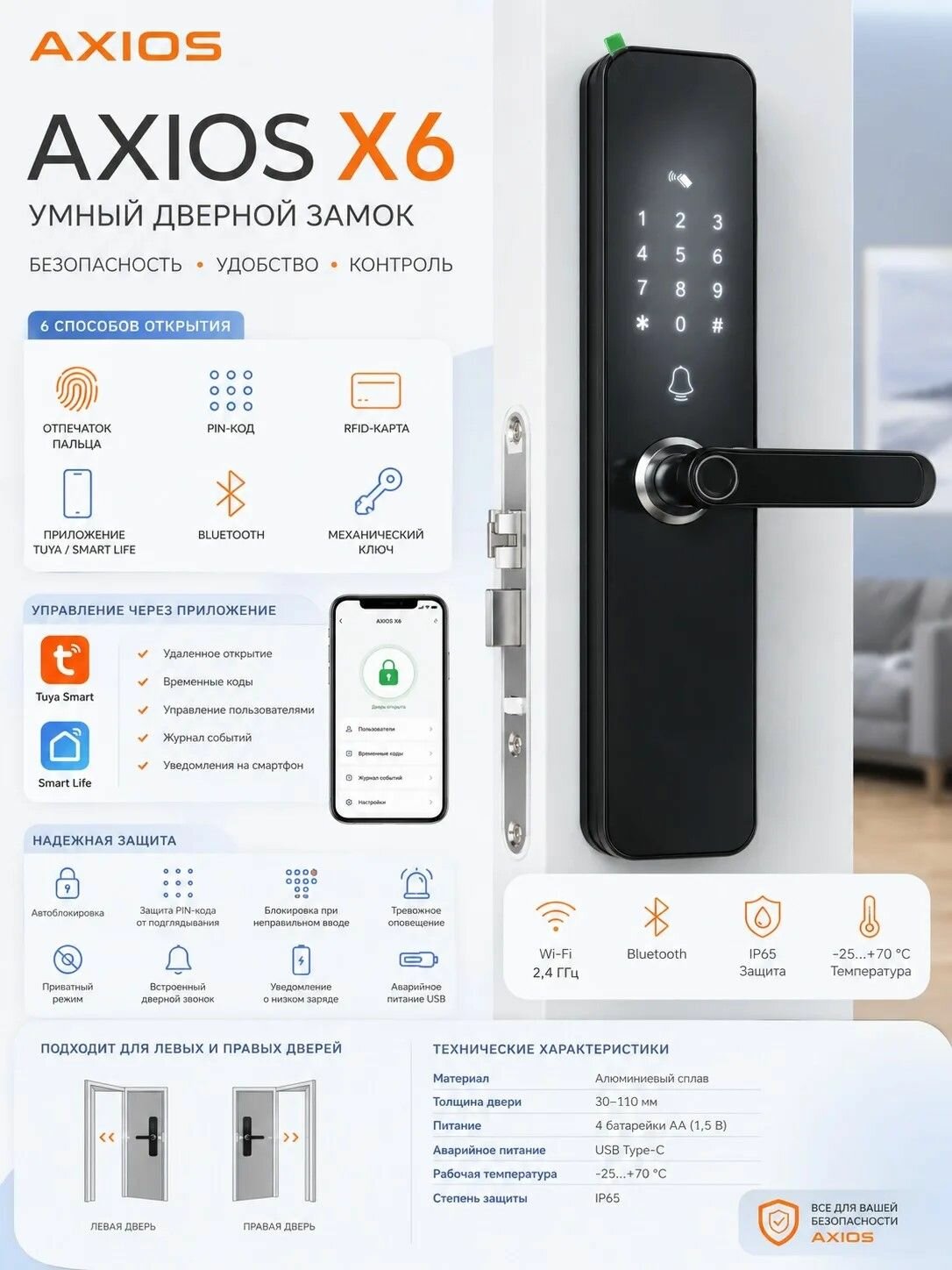 Биометрический умный электронный Wi-Fi дверной замок Axios X6 Tuya с кодом, сканером отпечатков пальца и считывателем