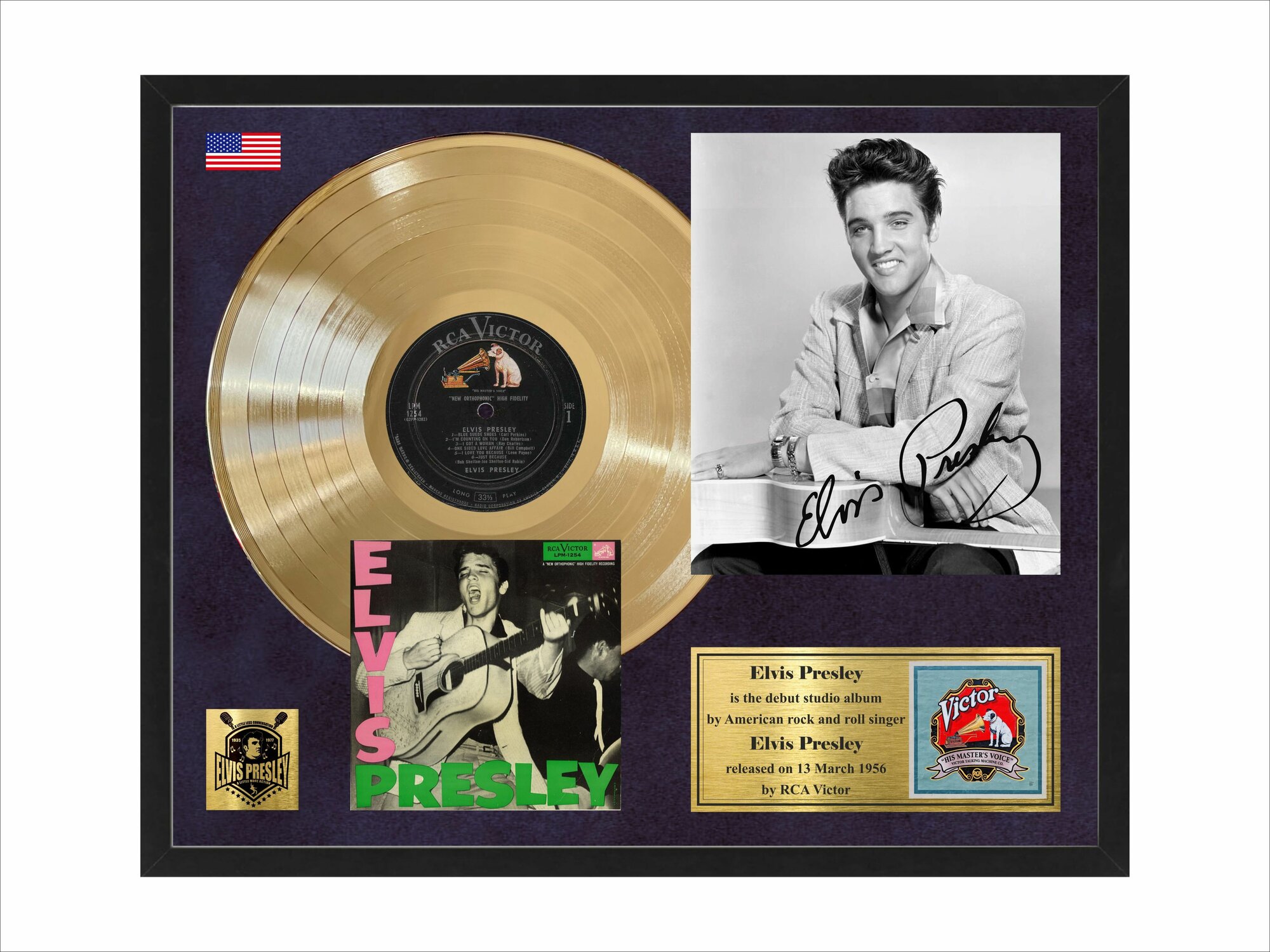 Золотой винил Elvis Presley 1956 с автографом в рамке