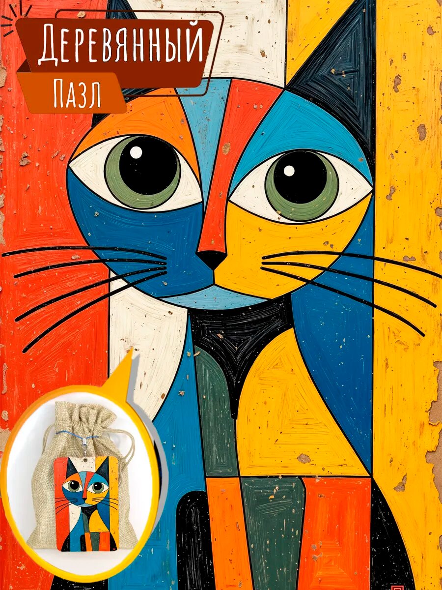 Деревянные пазлы кот арт