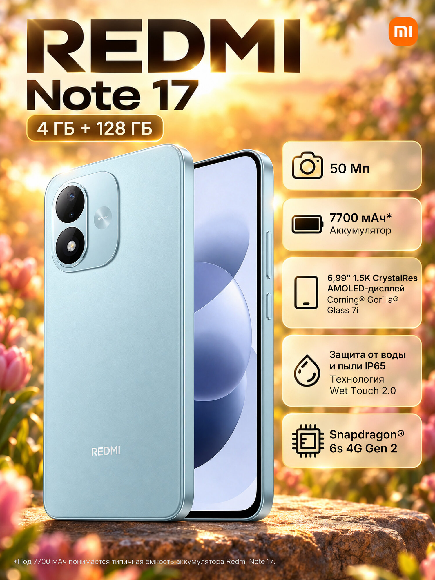 Смартфон Redmi Note 17 4G ,120 Гц , Батарея 7700 мАч, турбо-зарядка 45 Вт, Snapdragon , 6,99" FHD AMOLED,4/128ГБ，Синий