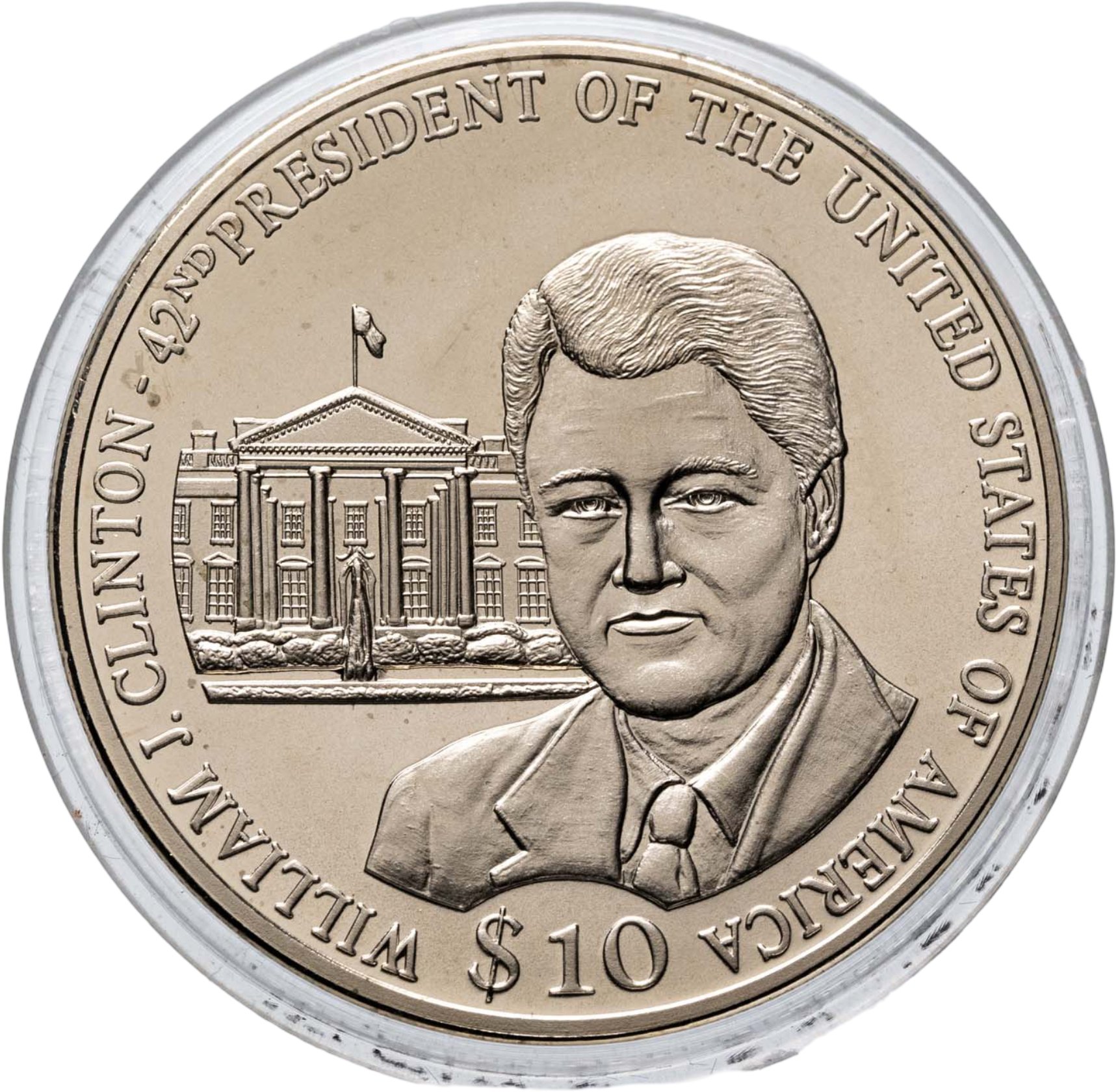 Либерия 10 долларов 2002 "Билл Клинтон 1993-2001", Никель, в сохранности BUNC