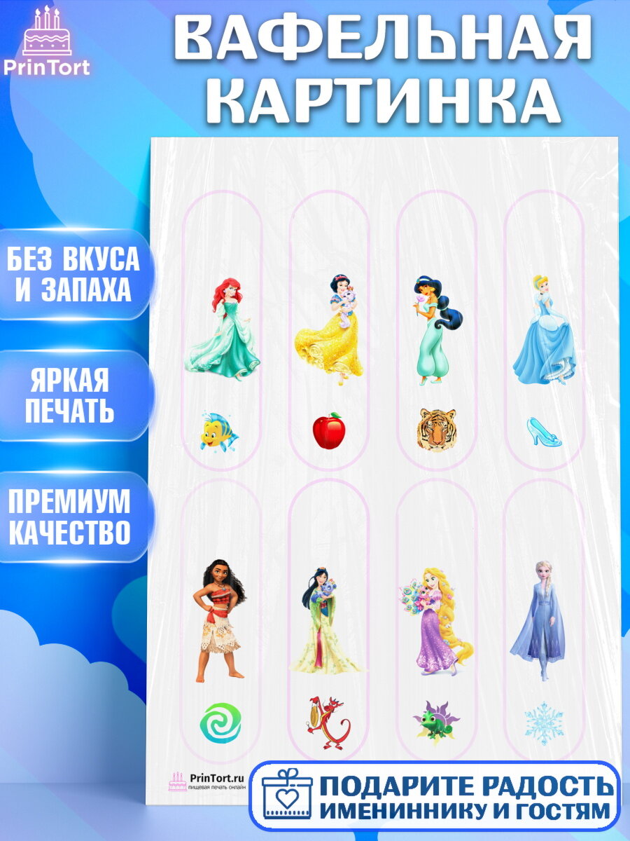 Вафельная картинка для торта Принцессы Дисней. Украшения для торта девочке на День Рождения. Декор для выпечки PrinTort