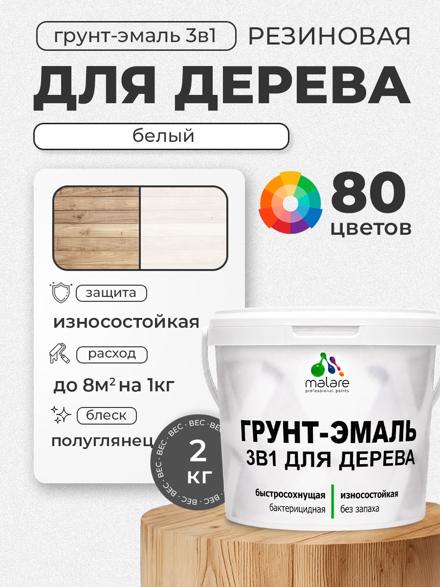 Резиновая Грунт-Эмаль 3 в 1 Malare для деревянных поверхностей/ краска по дереву с антисептическим эффектом/ быстросохнущая моющаяся без запаха полуглянцевая, белый, 2 кг