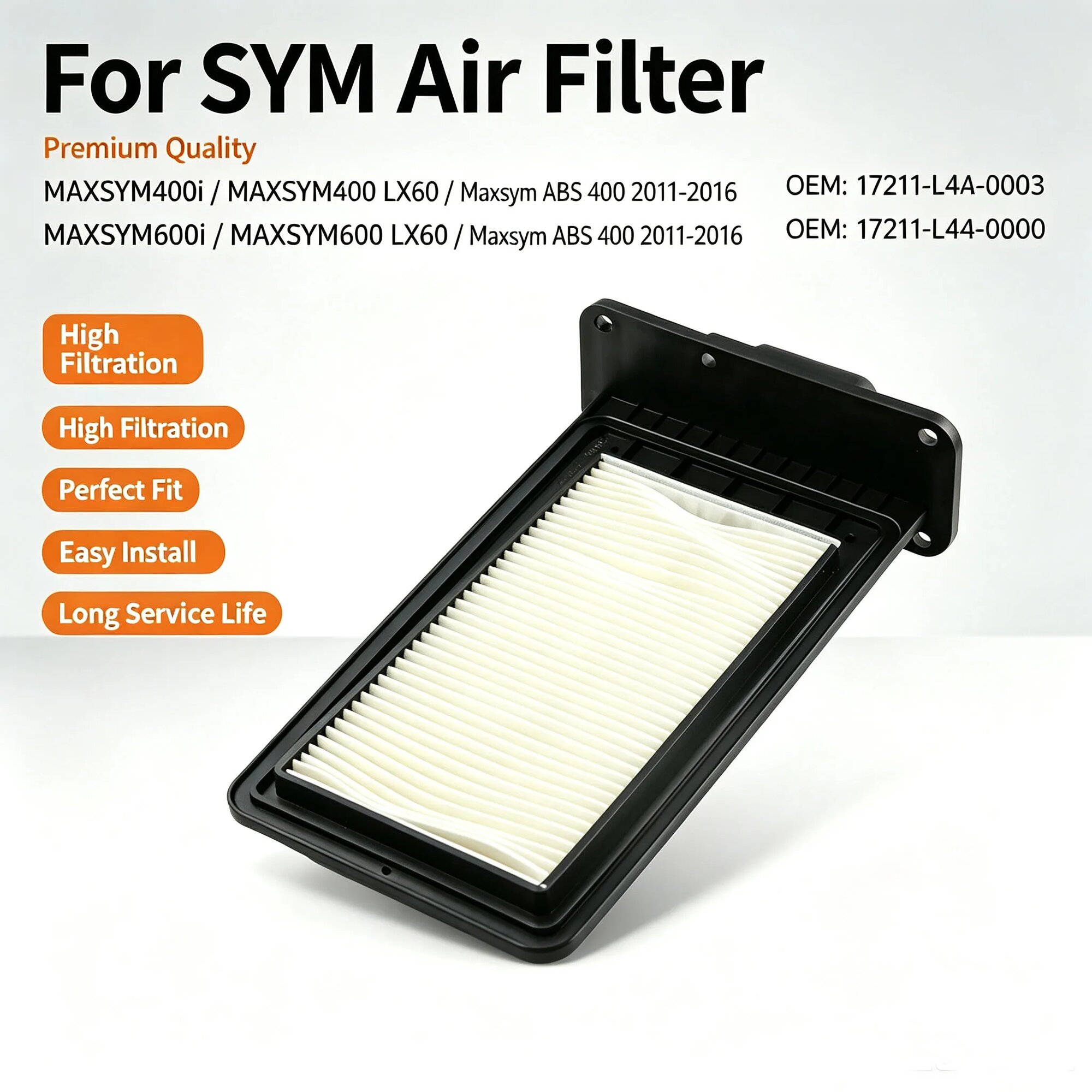 Воздушный фильтр для мотоциклов SYM MAXSYM400i, MAXSYM400, MAXSYM600i, MAXSYM600, Maxsym/ABS, Max Sym 400 (номера деталей: 17211-L4A-0003, 17211-L4A-0000)
