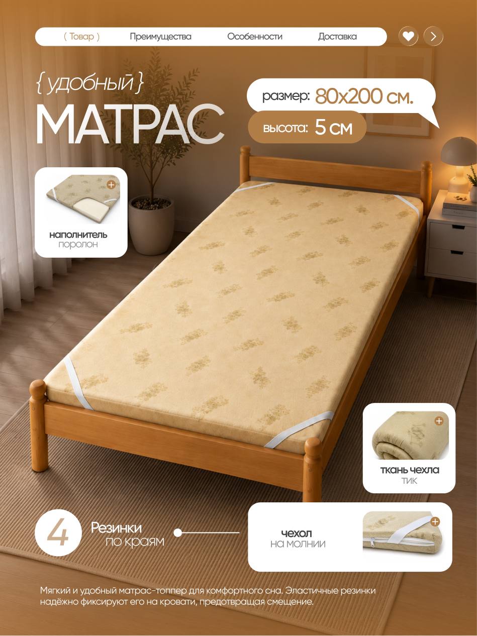 Матрас топпер 80х200 см IVNETEX беспружинный на кровать c резинками на углах