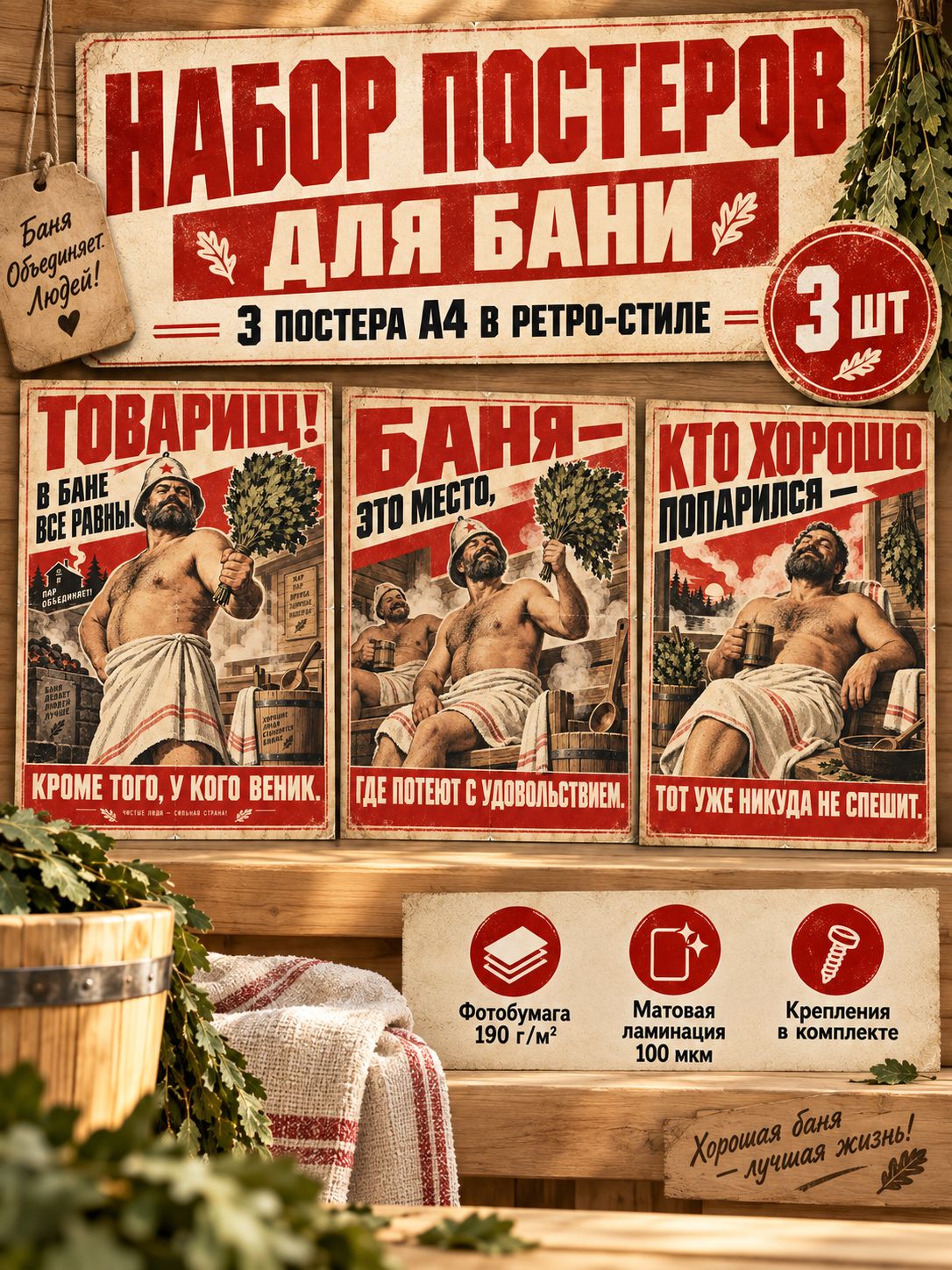 Постеры на стену A4 3 шт для бани ретро