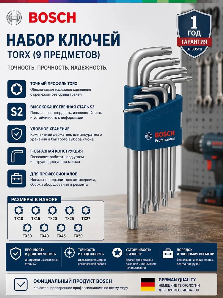 Набор угловых ключей TORX 9 шт BOSCH