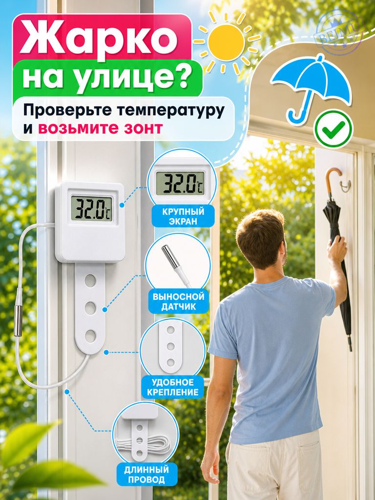 Термометр с креплением датчика зима-лето/ Термометр уличный электронный с выносным датчиком