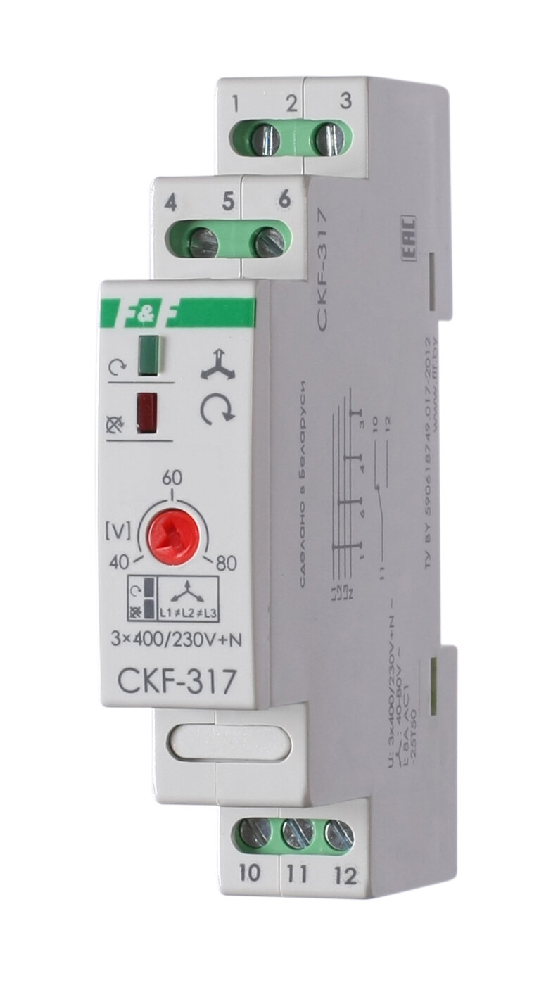 Реле контроля наличия и чередования фаз Евроавтоматика F&F CKF-317, 3х400/230+N, 8А 1P, IP20. EA04.002.006 /Регулируемые асимметрия , 1 модуль, монтаж на DIN-рейке